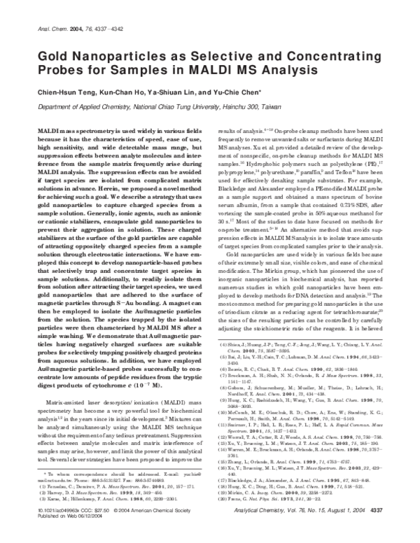 (PDF) Gold Nanoparticles as Selective and Concentrating Probes for Samples in MALDI MS Analysis