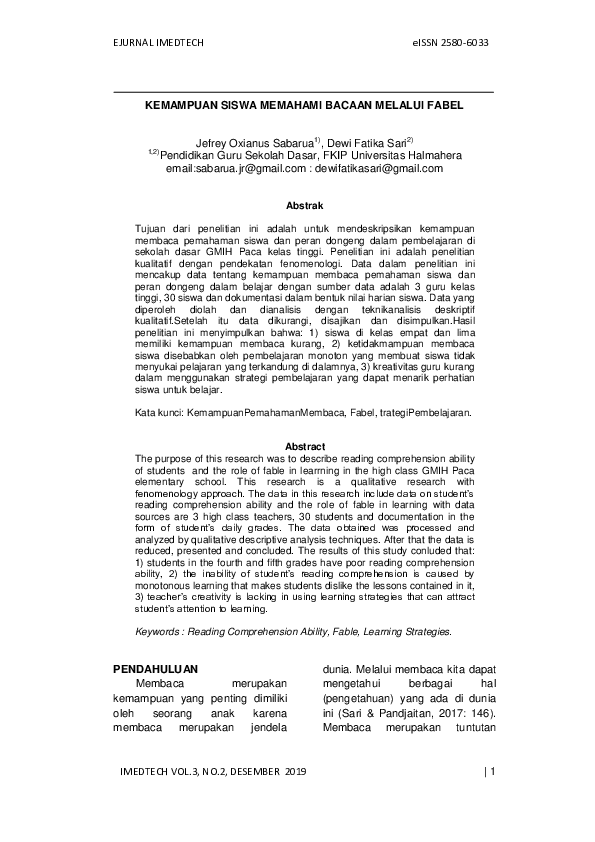 (PDF) Kemampuan Siswa Memahami Bacaan Melalui Fabel