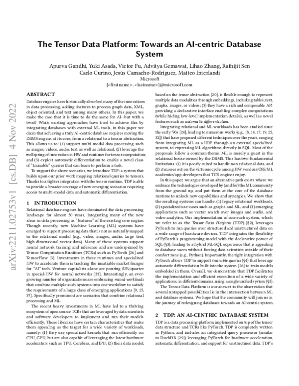 (PDF) The Tensor Data Platform: Towards an AI-centric Database System