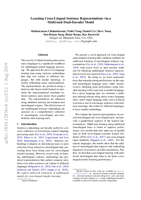 (PDF) Learning Cross-Lingual Sentence Representations via a Multi-task Dual-Encoder Model