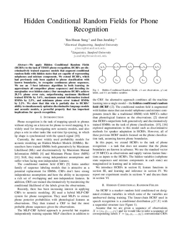 (PDF) Hidden Conditional Random Fields for phone recognition