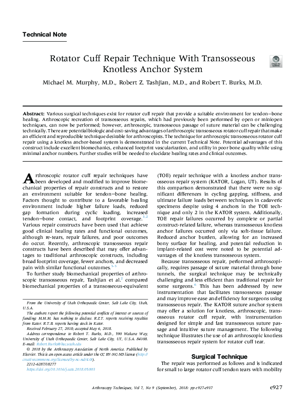 (PDF) Rotator Cuff Repair Technique With Transosseous Knotless Anchor ...