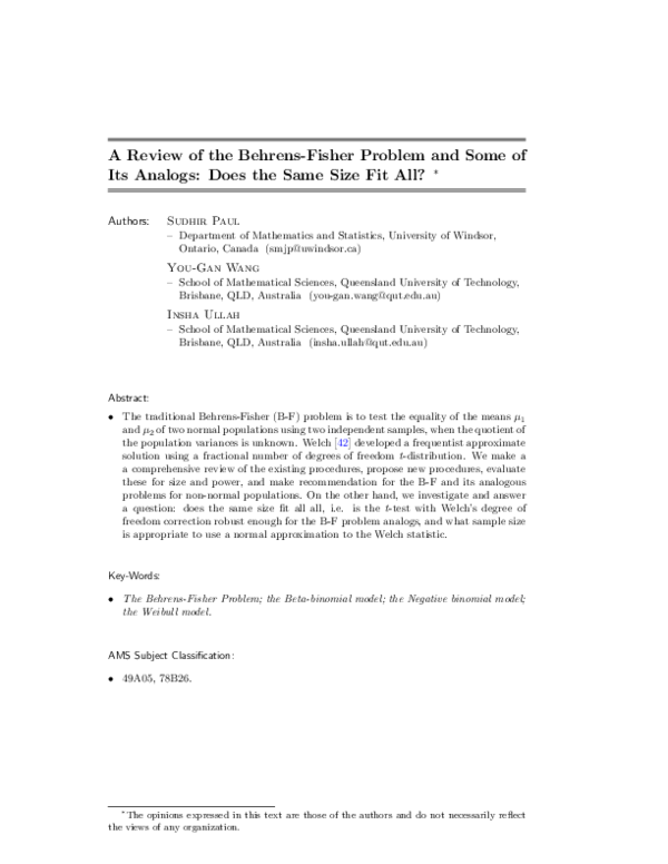 (PDF) A review of the Behrens-Fisher problem and some of its analogs ...