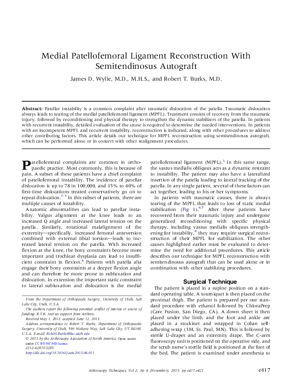 (PDF) MPFL Reconstruction Using Semitendinosus Graft