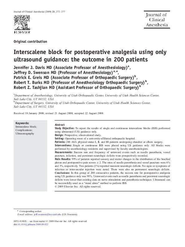 (PDF) Interscalene block for postoperative analgesia using only ...