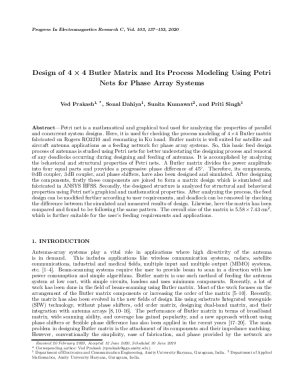 (PDF) Design of 4×4 Butler Matrix and Its Process Modeling Using Petri Nets for Phase Array Systems
