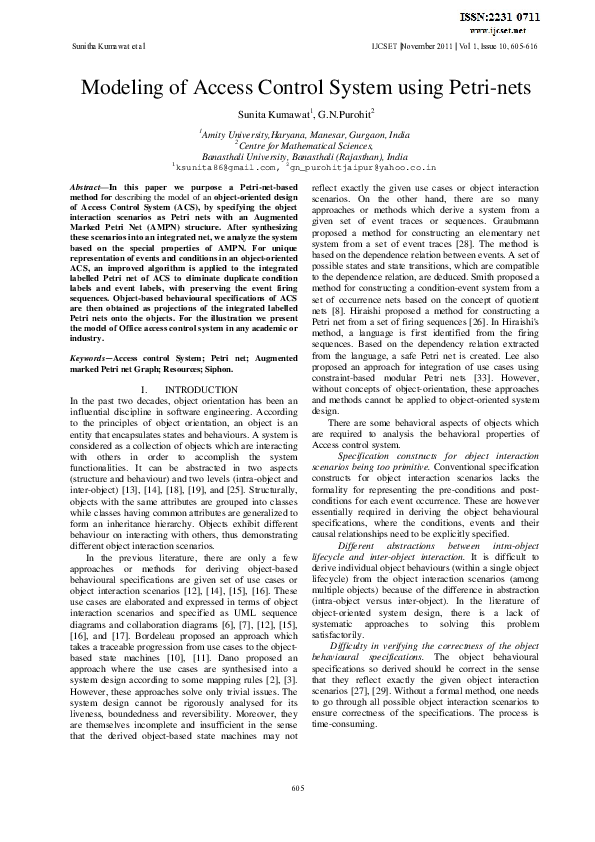 (PDF) Modeling of Access Control System using Petri-nets | Sunita Kumawat - Academia.edu
