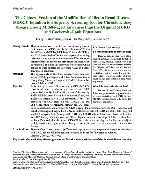 (PDF) The chinese version of the modification of diet in renal disease ...