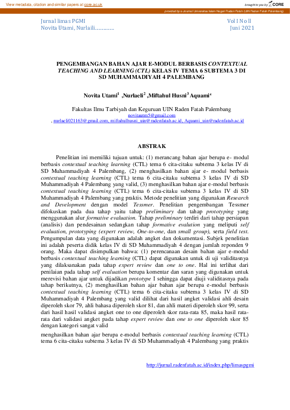 (PDF) Pengembangan Bahan Ajar E-Modul Berbasis Contextual Teaching and Learning (CTL) Kelas IV ...