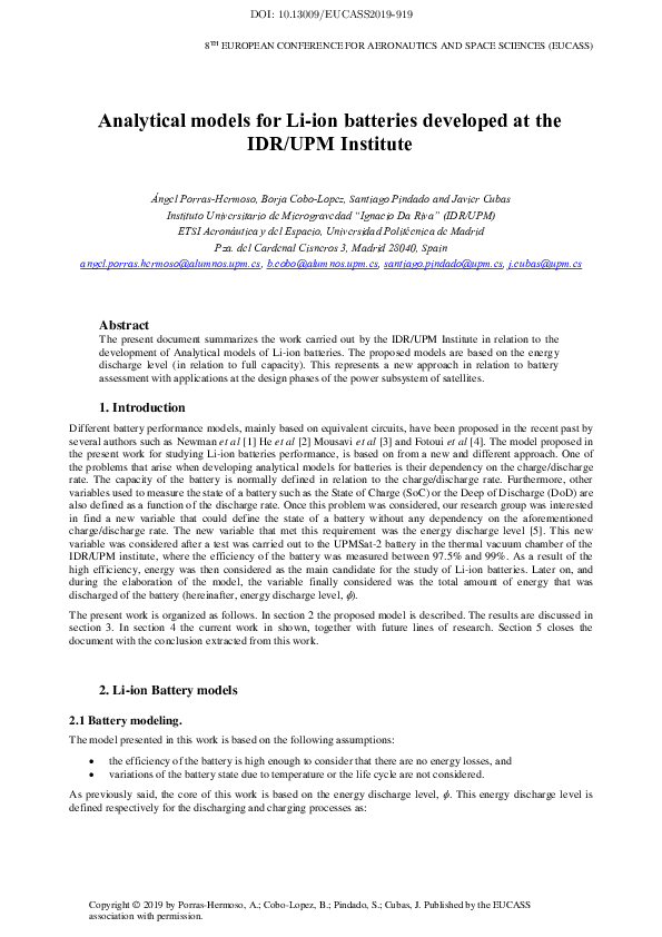 (PDF) Analytical models for Li-ion batteries developed at the IDR/UPM ...