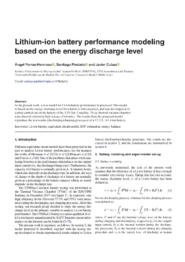 (PDF) Lithium-ion battery performance modeling based on the energy ...