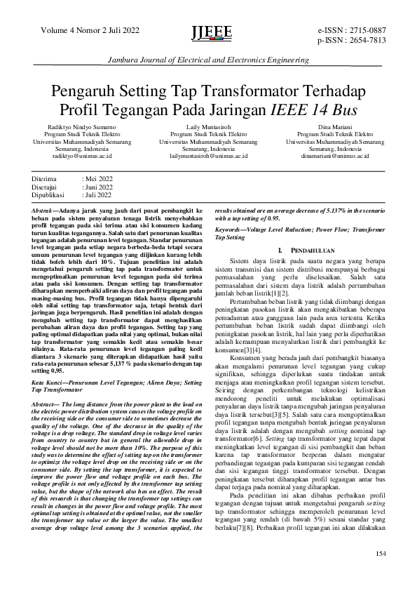 (PDF) Pengaruh Setting Tap Transformator Terhadap Profil Tegangan Pada ...