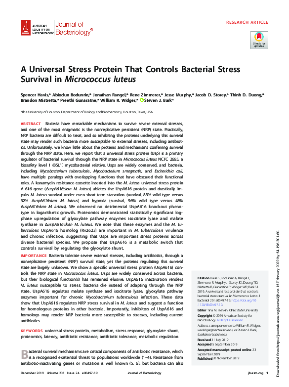 (PDF) A Universal Stress Protein That Controls Bacterial Stress Survival in Micrococcus luteus