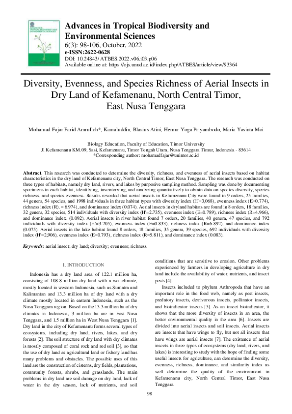 (PDF) Diversity, Evenness, and Species Richness of Aerial Insects in ...