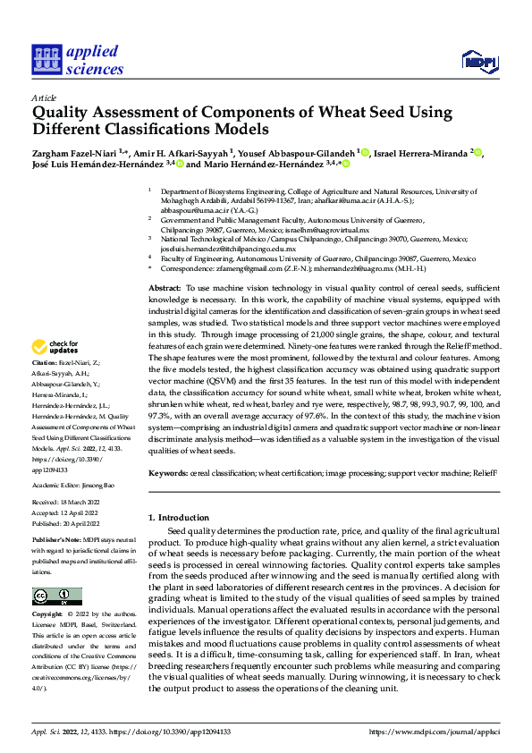(PDF) Quality Assessment of Components of Wheat Seed Using Different Classifications Models