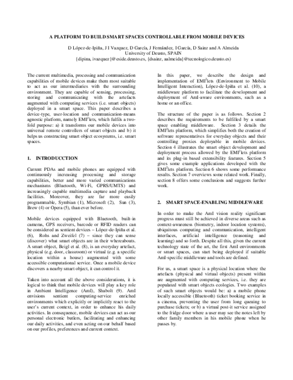 Pdf A Platform To Build Smart Spaces Controllable From Mobile Devices 