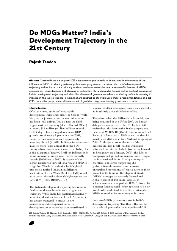 (PDF) Do MDGs Matter? India's Development Trajectory in the 21st Century