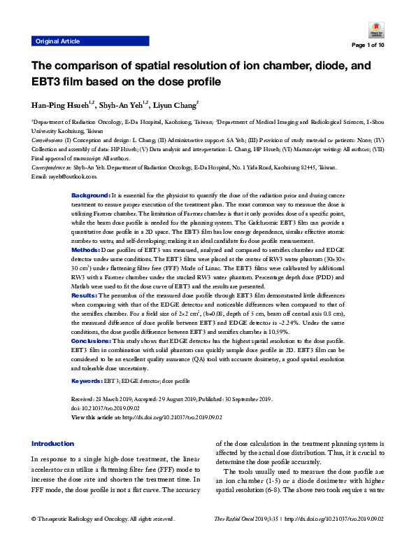 (PDF) The comparison of spatial resolution of ion chamber, diode, and EBT3 film based on the ...
