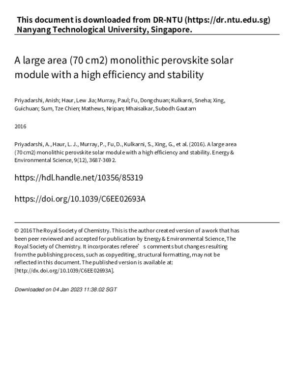 (PDF) A large area (70 cm2) monolithic perovskite solar module with a ...