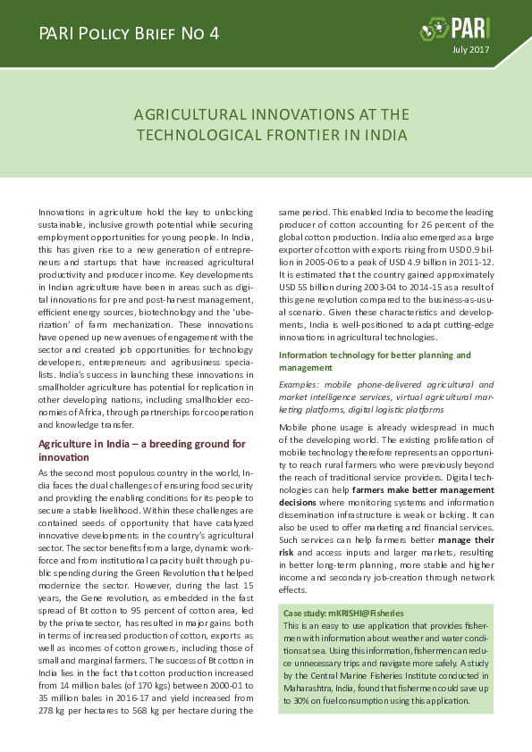 (PDF) Agricultural Innovations at the Technological Frontier in India
