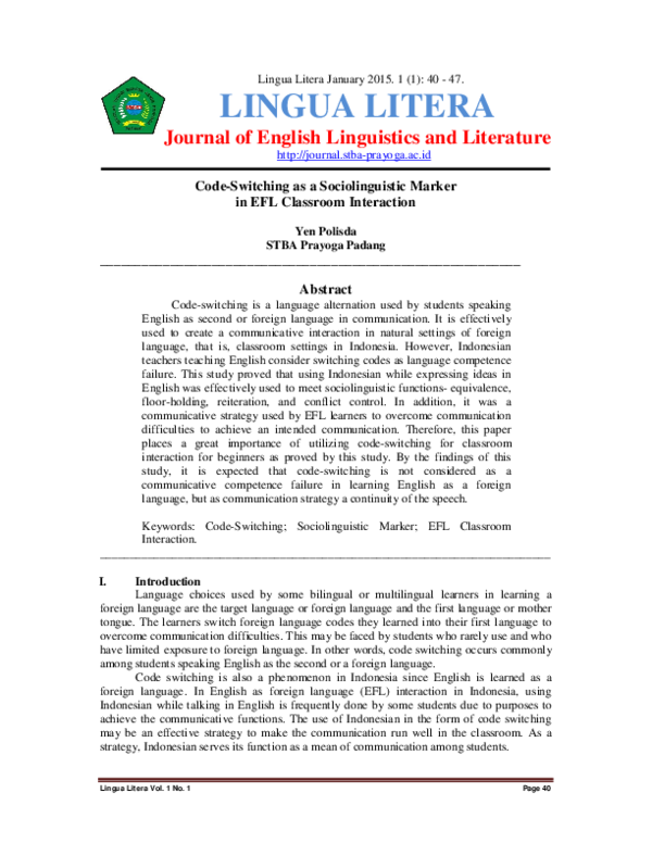 (PDF) Code-Switching as a Sociolinguistic Marker in EFL Classroom Interaction