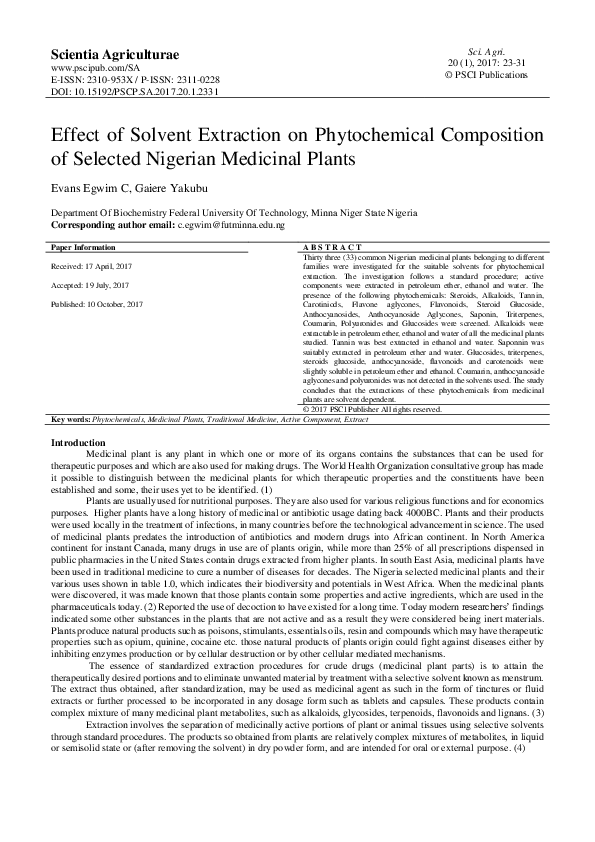 (PDF) Effect of Solvent Extraction on Phytochemical Composition of Selected Nigerian Medicinal ...