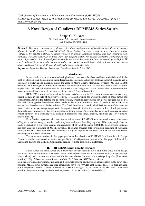 Pdf Design Of Low Actuation Voltage Rf Mems Cantilever Switch