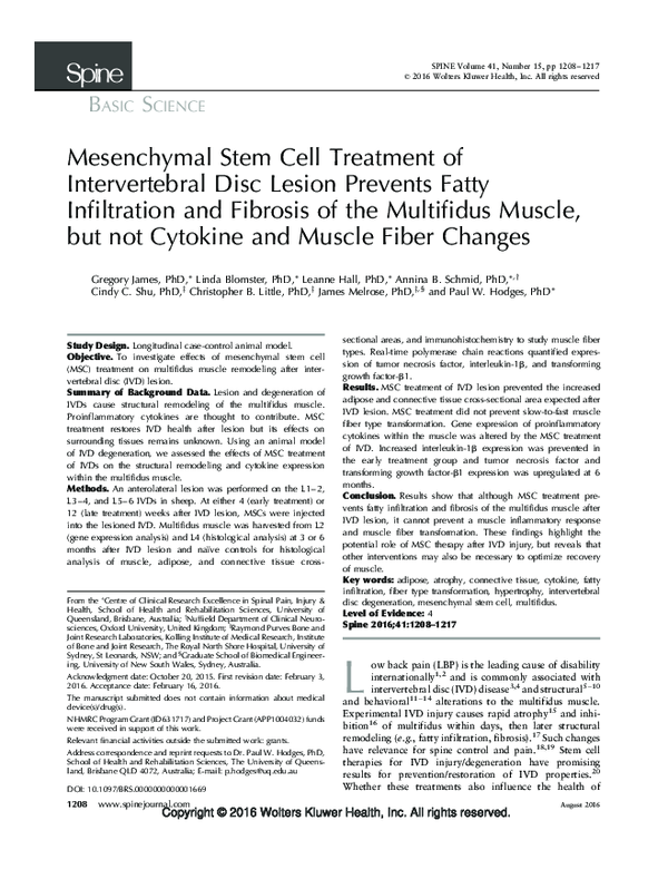 (PDF) Mesenchymal Stem Cell Treatment of Intervertebral Disc Lesion ...