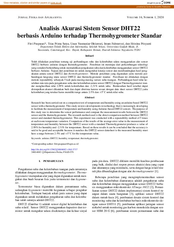 (PDF) Analisis Akurasi Sistem sensor DHT22 berbasis Arduino terhadap Thermohygrometer Standar