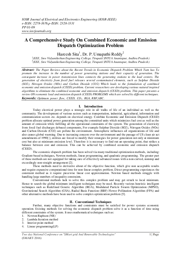 (PDF) A Comprehensive Study On Combined Economic and Emission Dispatch Optimization Problem