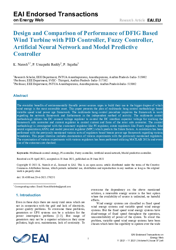 Pdf Design And Comparison Of Performance Of Dfig Based Wind Turbine With Pid Controller Fuzzy