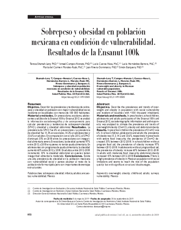 (PDF) Sobrepeso y obesidad en población mexicana en condición de vulnerabilidad. Resultados de ...