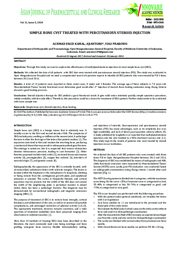 (PDF) Simple Bone Cyst Treated with Percutaneous Steroid Injection