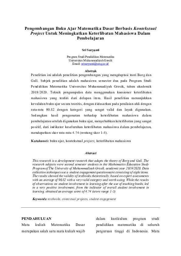 (PDF) Pengembangan Buku Ajar Matematika Dasar Berbasis Kontekstual Project Untuk Meningkatkan ...