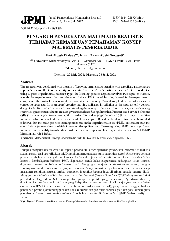 (PDF) Pengaruh Pendekatan Matematis Realistik Terhadap Kemampuan ...