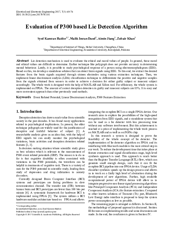 Pdf An Experiment Of Lie Detection Based Eeg P300 Classified By Svm Algorithm