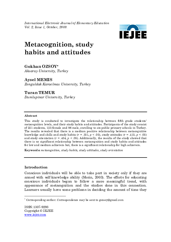 Pdf Metacognition Study Habits And Attitudes