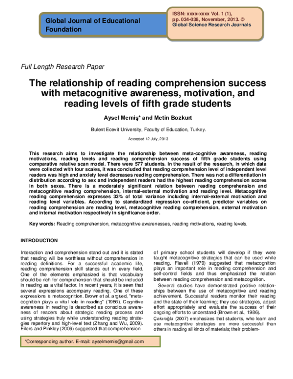 (PDF) The Relationship of Reading Comprehension Success with Metacognitive Awareness, Motivation ...