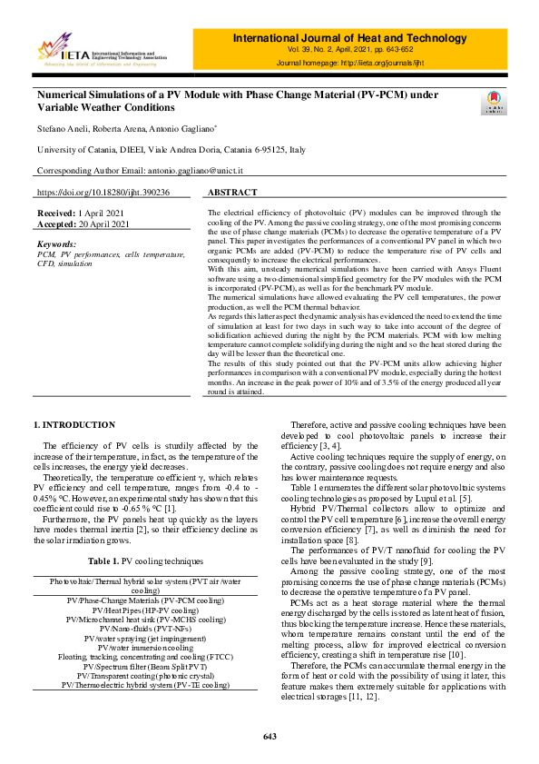 (PDF) Numerical Simulations of a PV Module with Phase Change Material (PV-PCM) under Variable ...