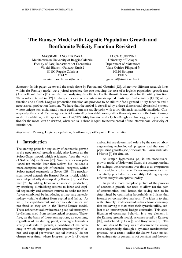 (PDF) The Ramsey model with logistic population growth and benthamite ...