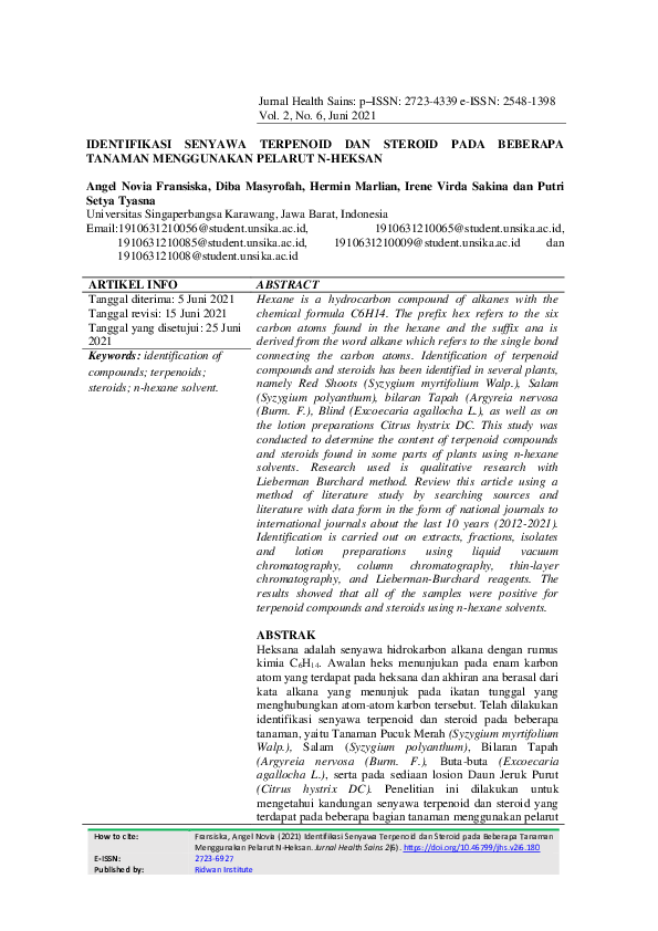 (PDF) Identifikasi Senyawa Terpenoid dan Steroid pada Beberapa Tanaman ...