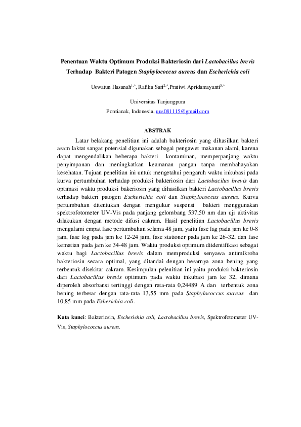 (PDF) Penentuan Waktu Optimum Produksi Bakteriosin dari Lactobacillus ...