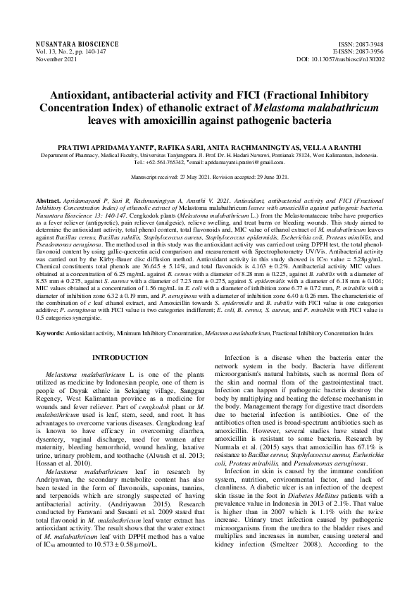 (PDF) Antioxidant, antibacterial activity and FICI (Fractional Inhibitory Concentration Index ...