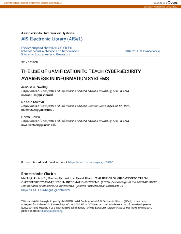 (PDF) The use of gamification to teach cybersecurity awareness in ...