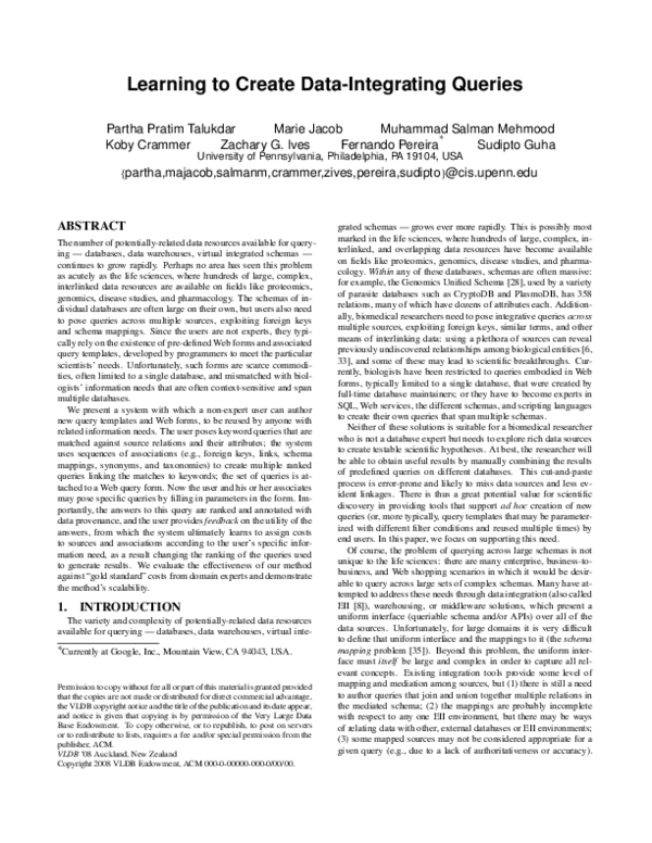 (PDF) Learning to create data-integrating queries | Muhammad Usman Mehmood - Academia.edu