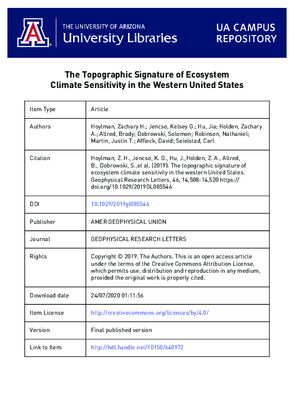 (PDF) The Topographic Signature of Ecosystem Climate Sensitivity in the ...