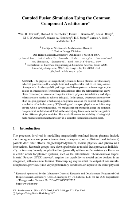 (PDF) Coupled Fusion Simulation Using the Common Component Architecture