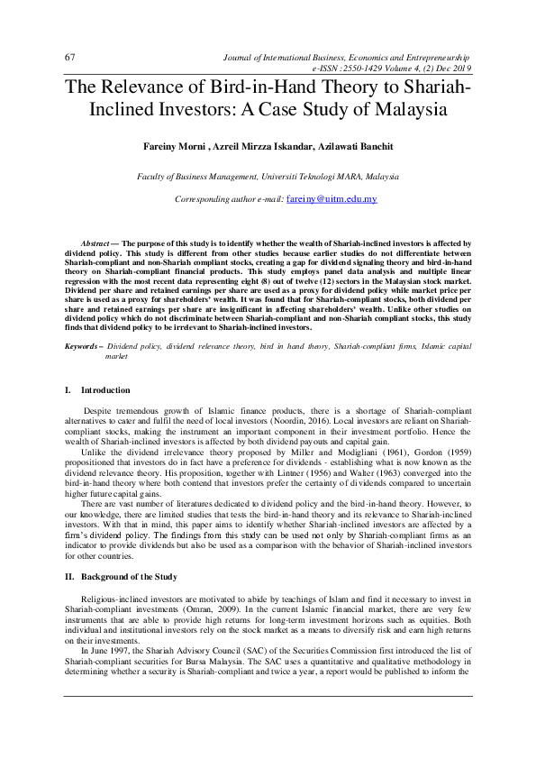 (PDF) The Relevance of Bird-in-Hand Theory to ShariahInclined Investors ...