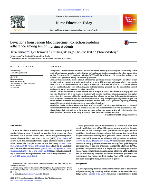 (PDF) Deviations from venous blood specimen collection guideline adherence among senior nursing ...
