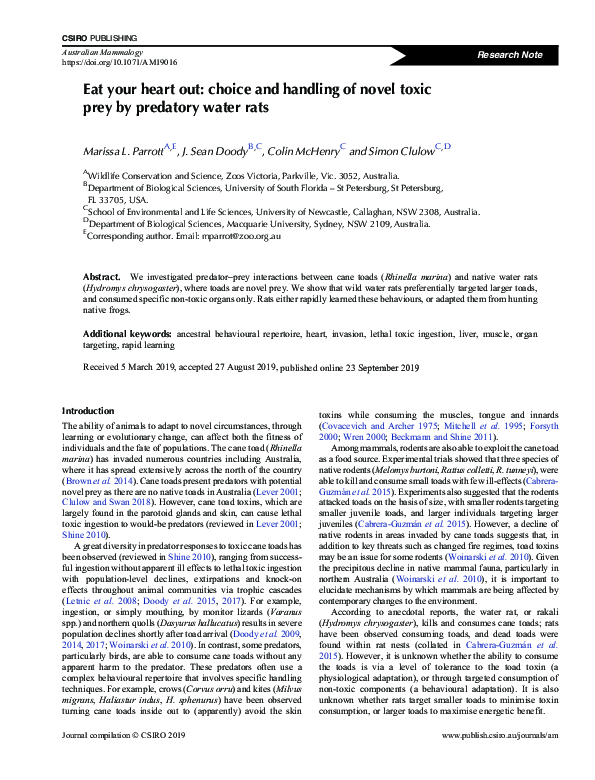 (PDF) Eat your heart out: choice and handling of novel toxic prey by ...